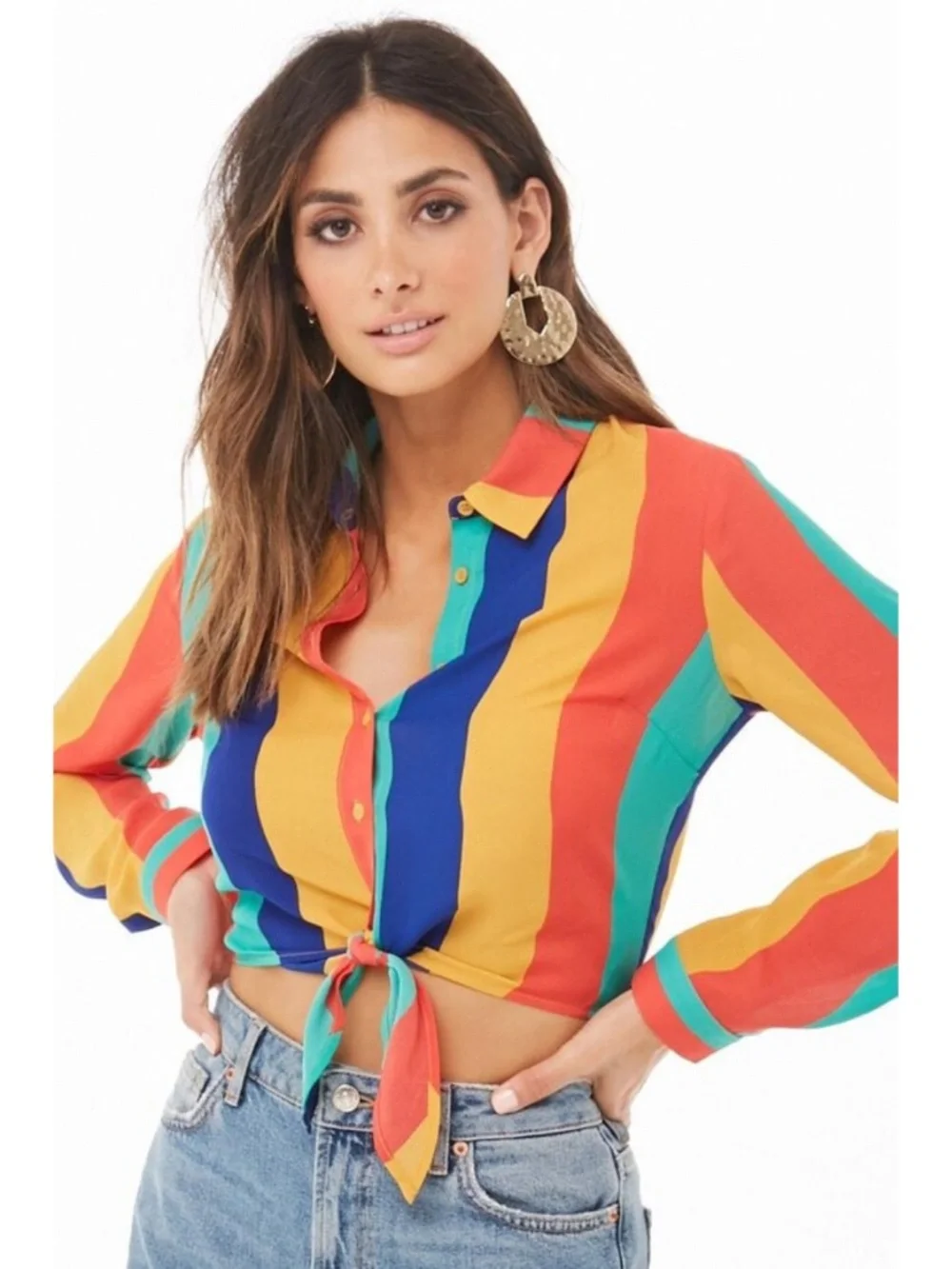 Forever 21 | Tops | New Forever 2 Striped Tie Front Button Up Top X ...